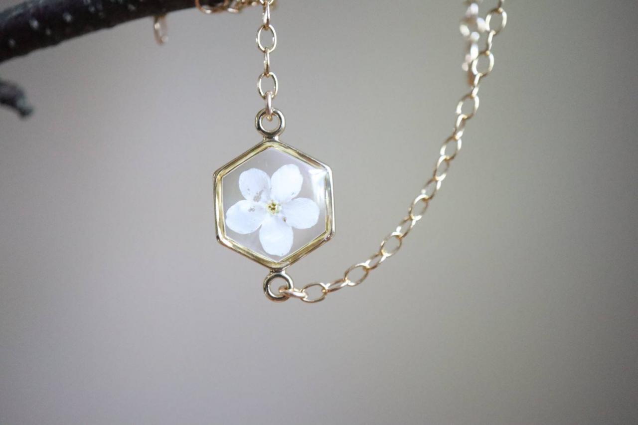 White Forget Me Not Bracelet / Real Flower Jewelry / 14k Gold Filled ...